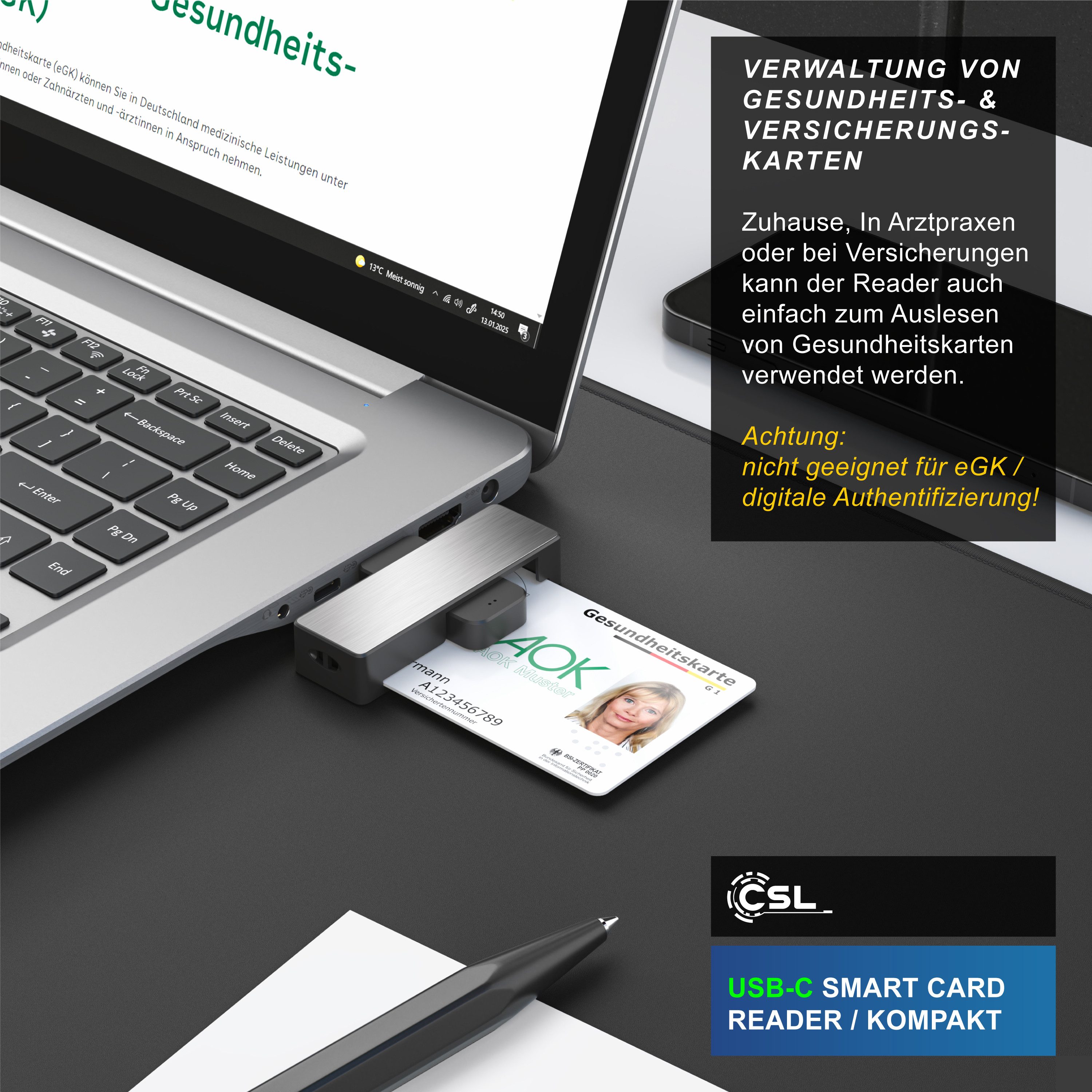 CSL Speicherkartenleser USB Typ C Smart Card Reader / Chipkartenleser ...