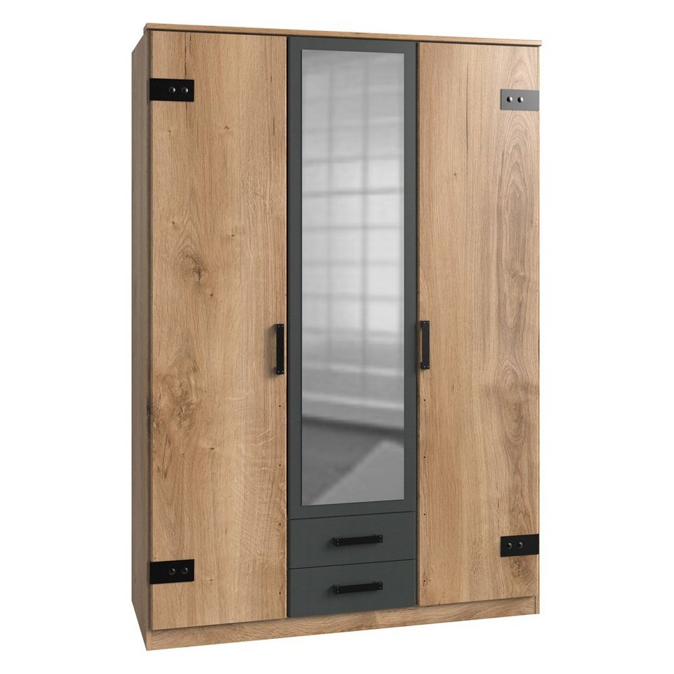 Lomadox Kleiderschrank Everton 43 3 Türig Mit Spiegeltür Eiche Mit