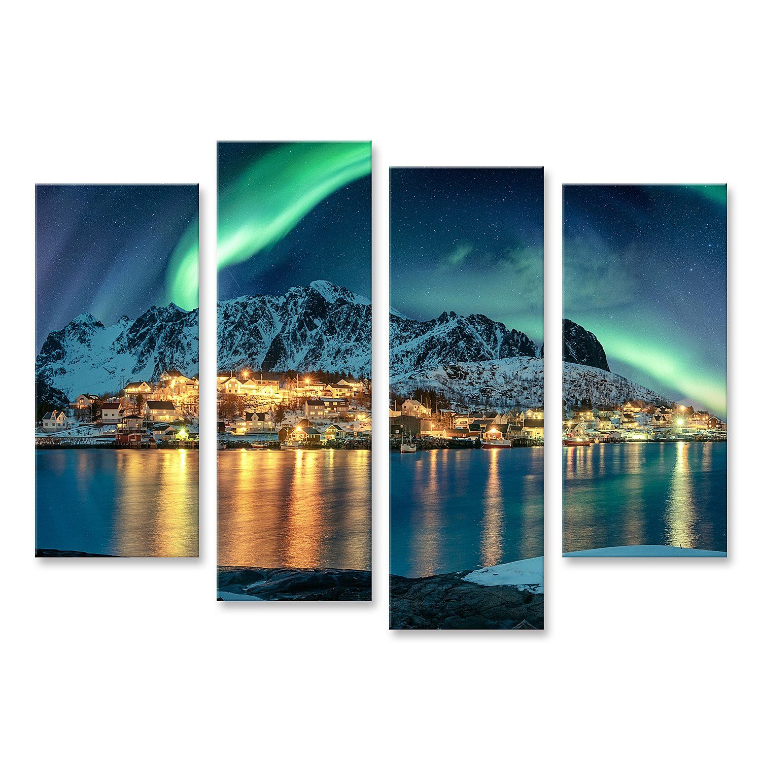 islandburner Leinwandbild »Bild auf Leinwand Aurora Borealis über Fischerdorf Beleuchtung ...