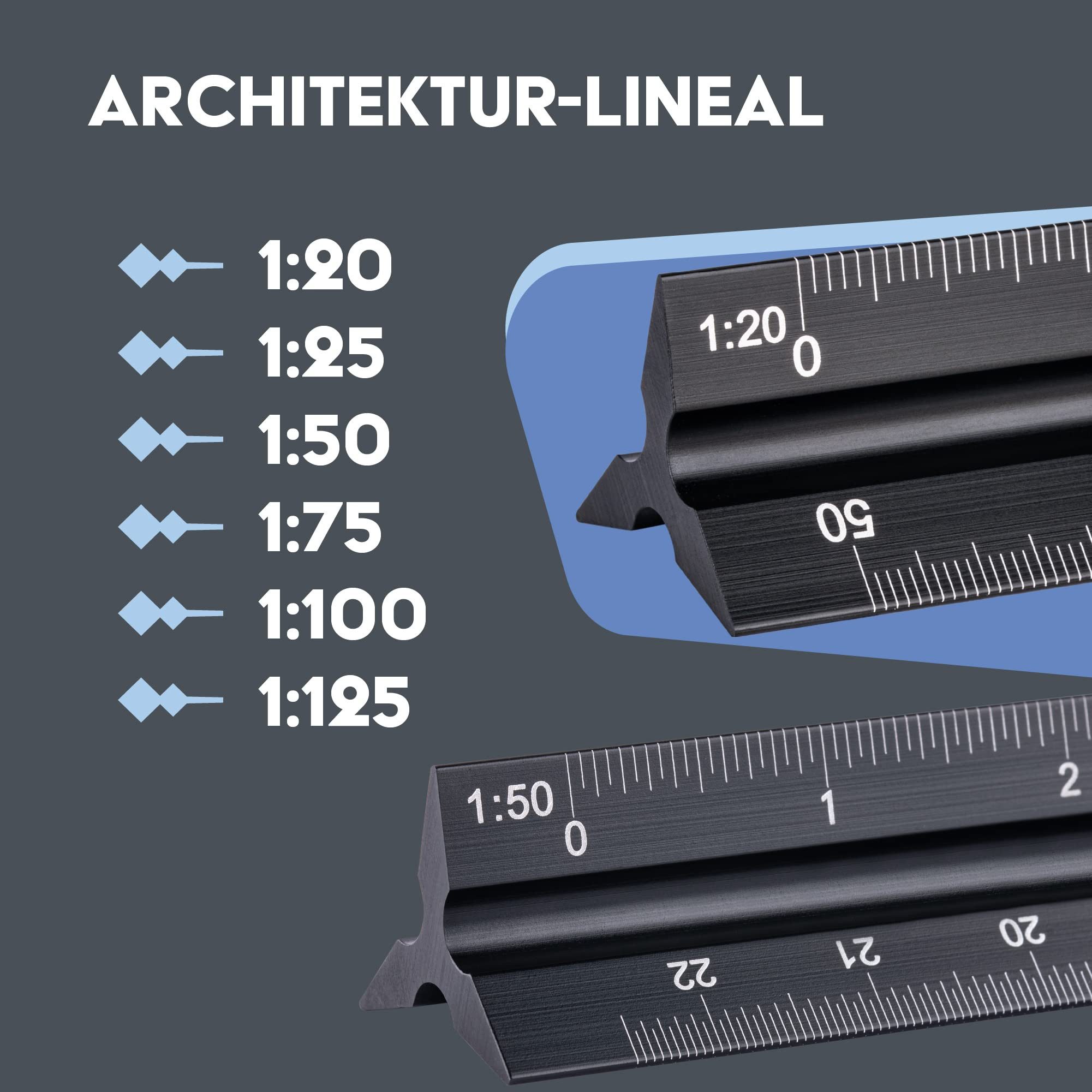 WINTEX Lineal 30cm Aluminium Architektur Maßstab 1:20-1:125, Schwarz ...