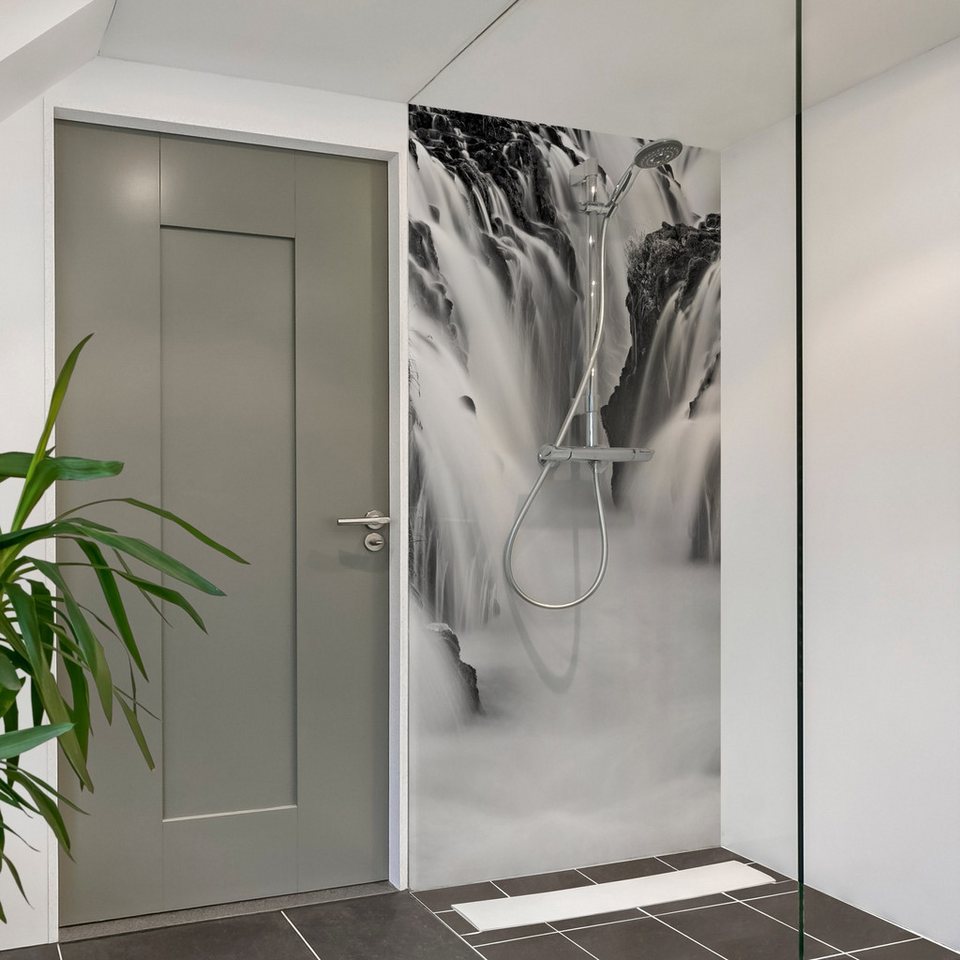 Bilderdepot24 Badrückwand Wasserfall Schwarz Weiß Duschrückwand Ohne