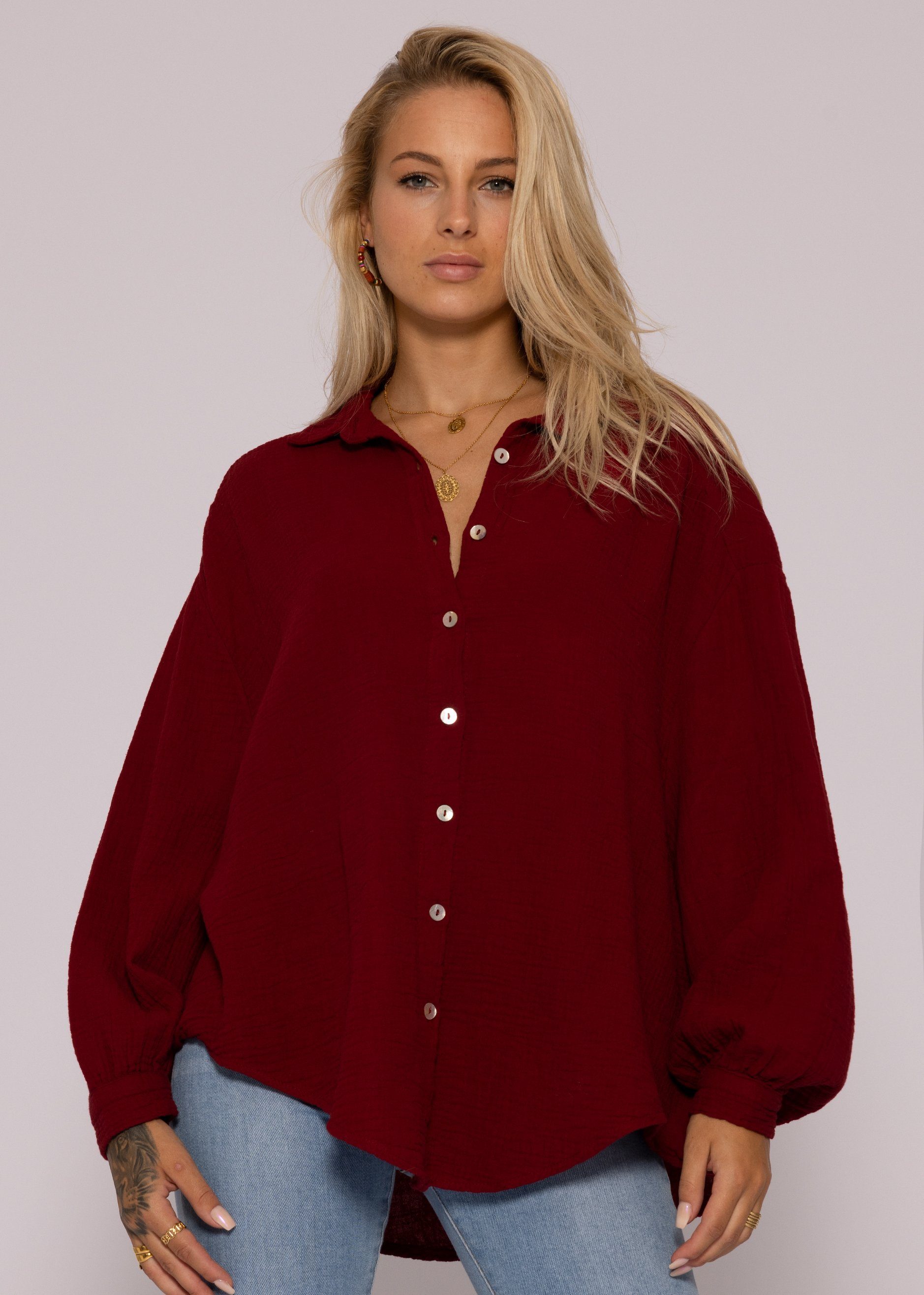 Sassyclassy Longbluse Oversize Musselin Bluse Damen Langarm Hemdbluse