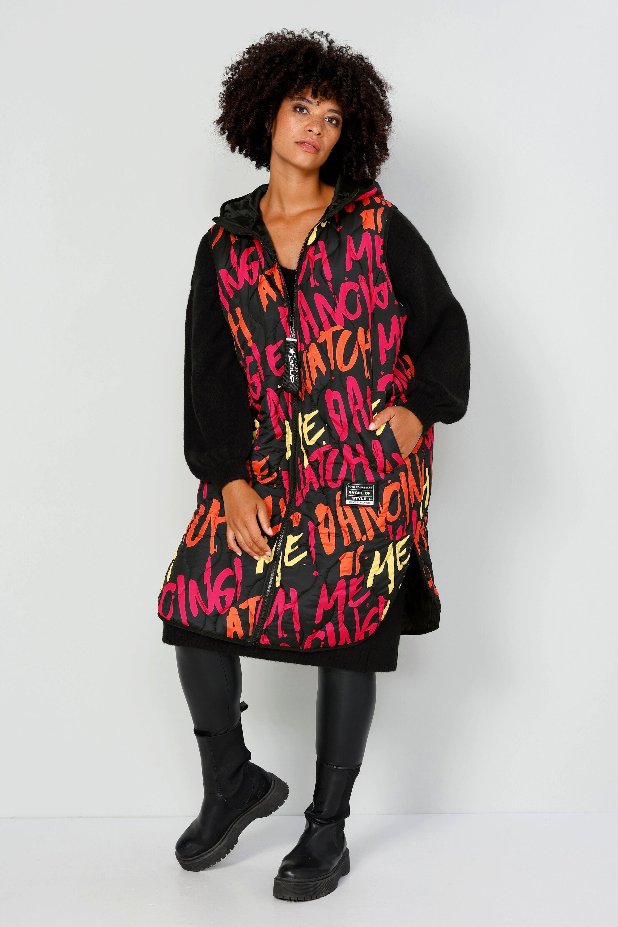 Angel Of Style Steppweste Long Steppweste Schriftdruck Kapuze 2 Wege Zipper