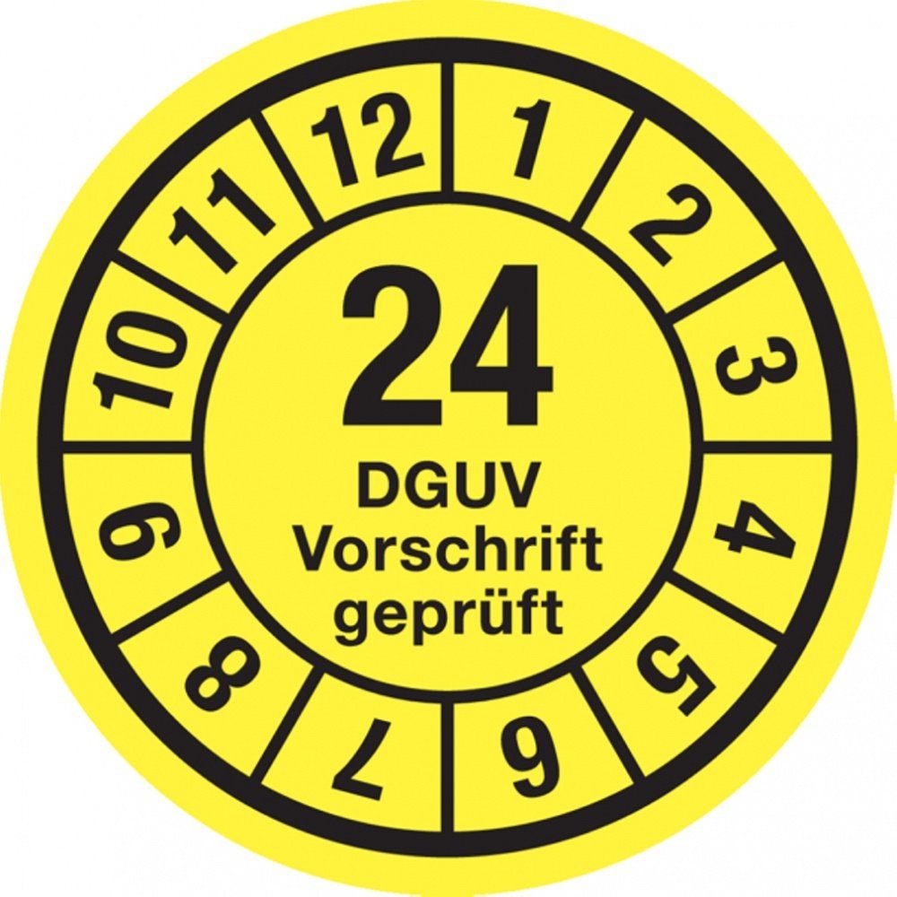 König Werbeanlagen Hinweisschild JahresprüfPlak. DGUV Vorschr. geprüft, Jahresfarben, Ø35mm, 10 ...