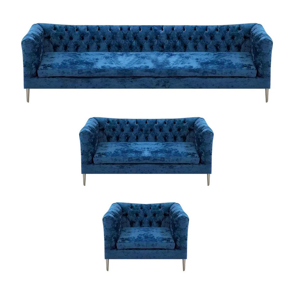 Jvmoebel Chesterfield Sofa Set 4tlg Modern Blau Design Textil Stoff