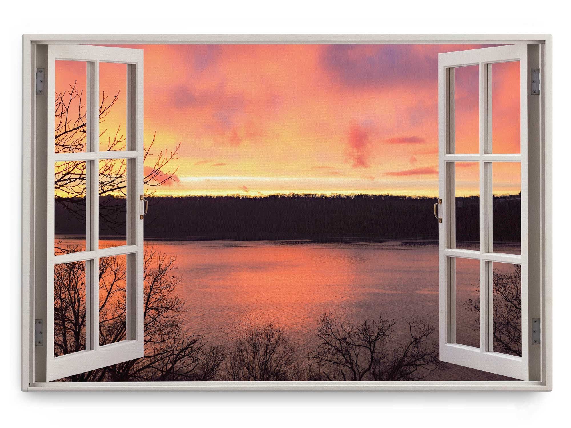 Sinus Art Leinwandbild Wandbild 120x80cm Fensterbild Sonnenuntergang Abendrot See Natur Rot, (1 St)