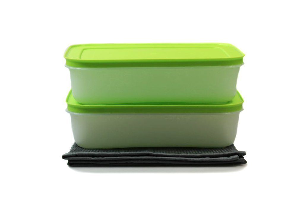 TUPPERWARE Back-Set Gefrier-Behälter 1,0 L grün-weiß flach (2) + GLASTUCH