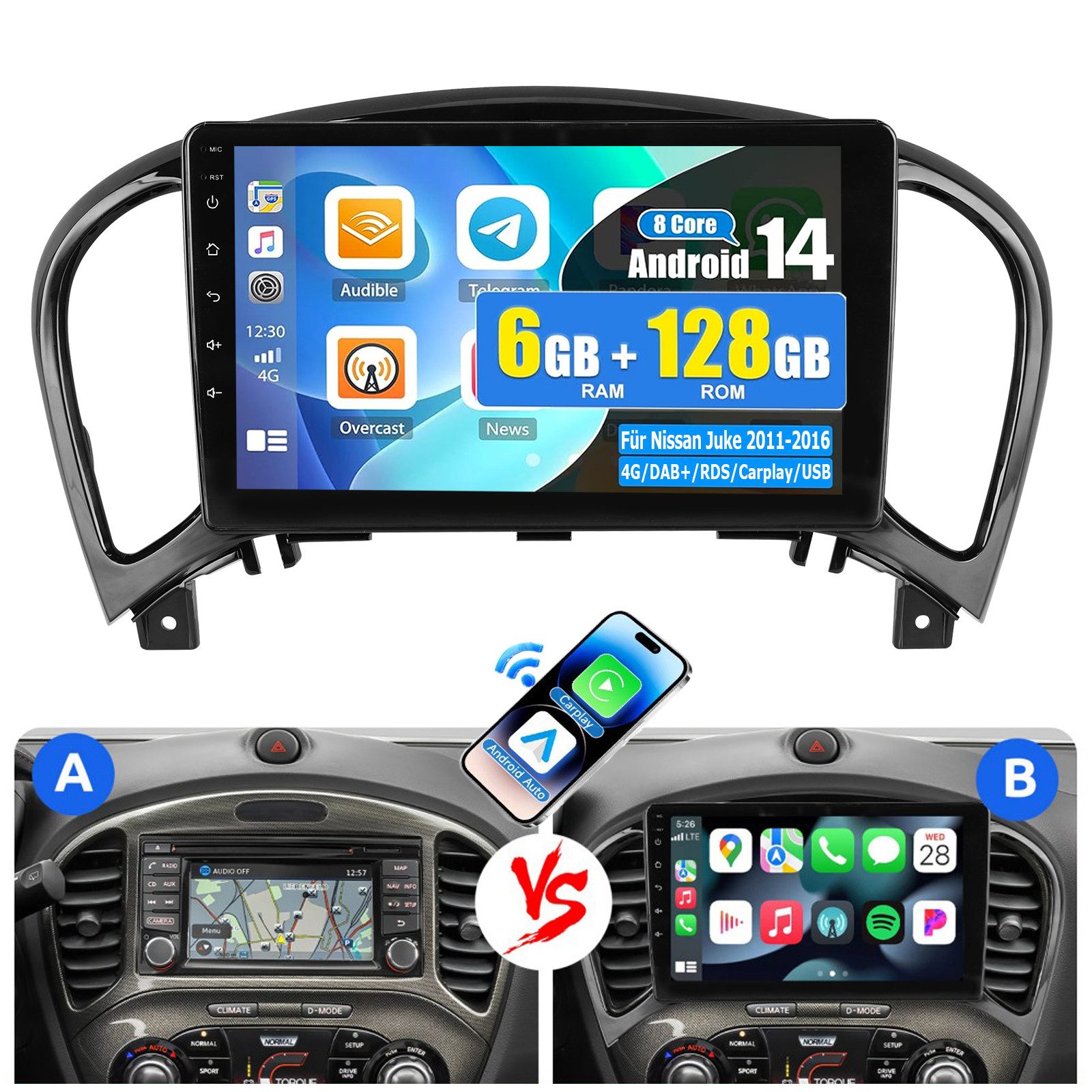 ESSGOO 6+128G Android 14 Autoradio für nissan juke 2011-2016 Carplay GPS WiFi Autoradio ...