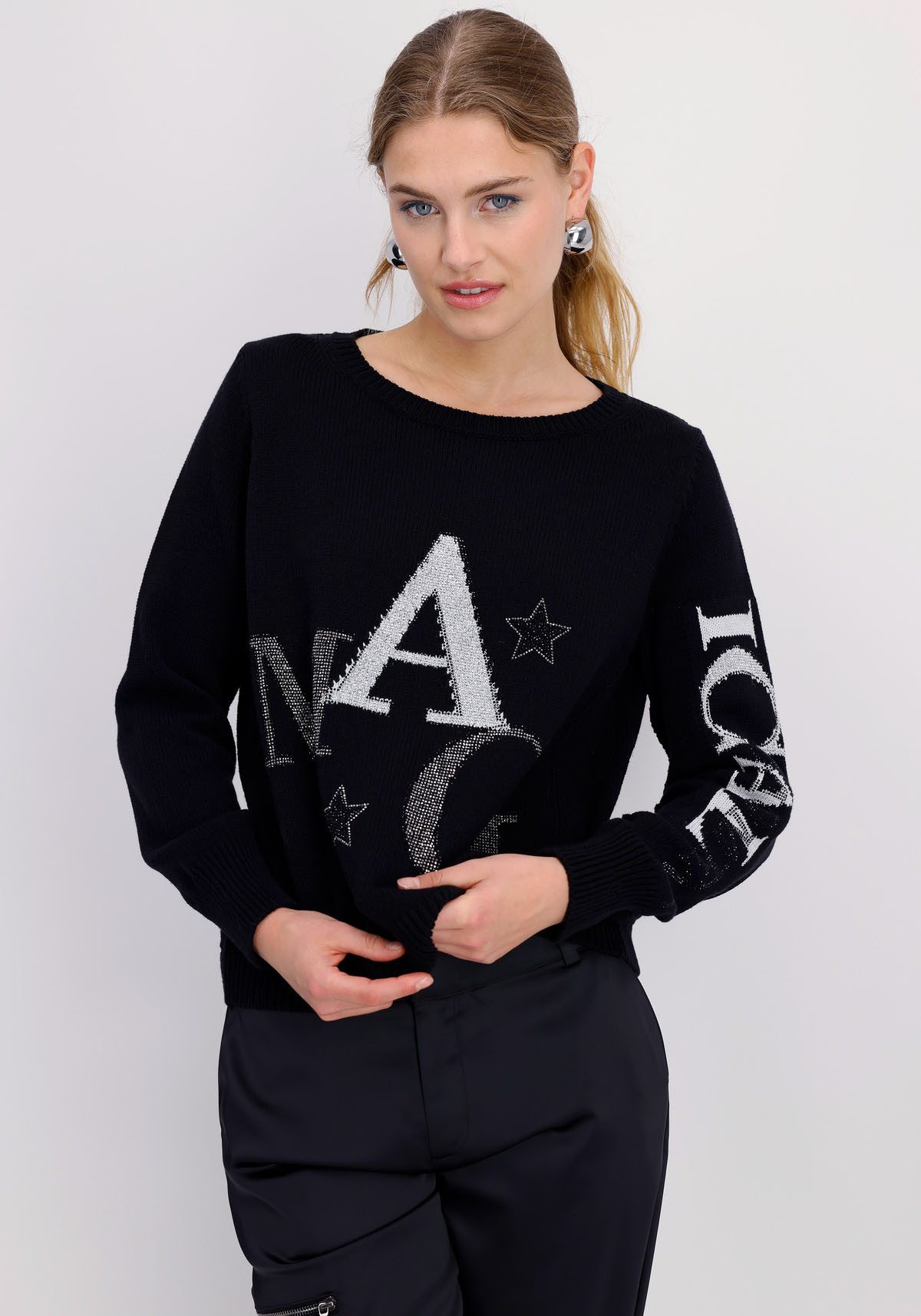 Monari Rundhalspullover Pullover Schmuck gerippten Ärmel- und Bodysaum ...