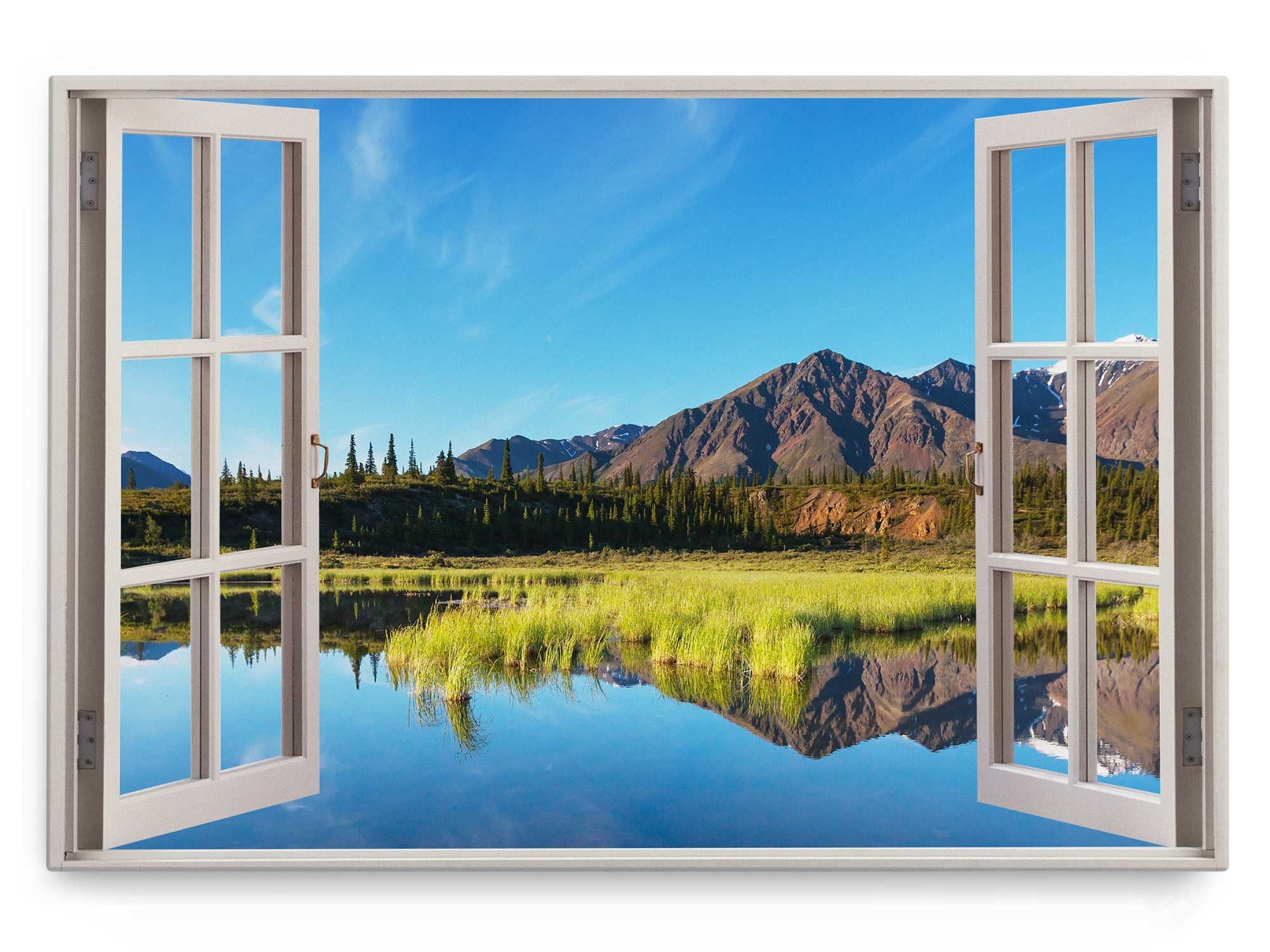 Sinus Art Leinwandbild Wandbild 120x80cm Fensterbild Natur Alaska See Berge Grün Sommer, (1 St)