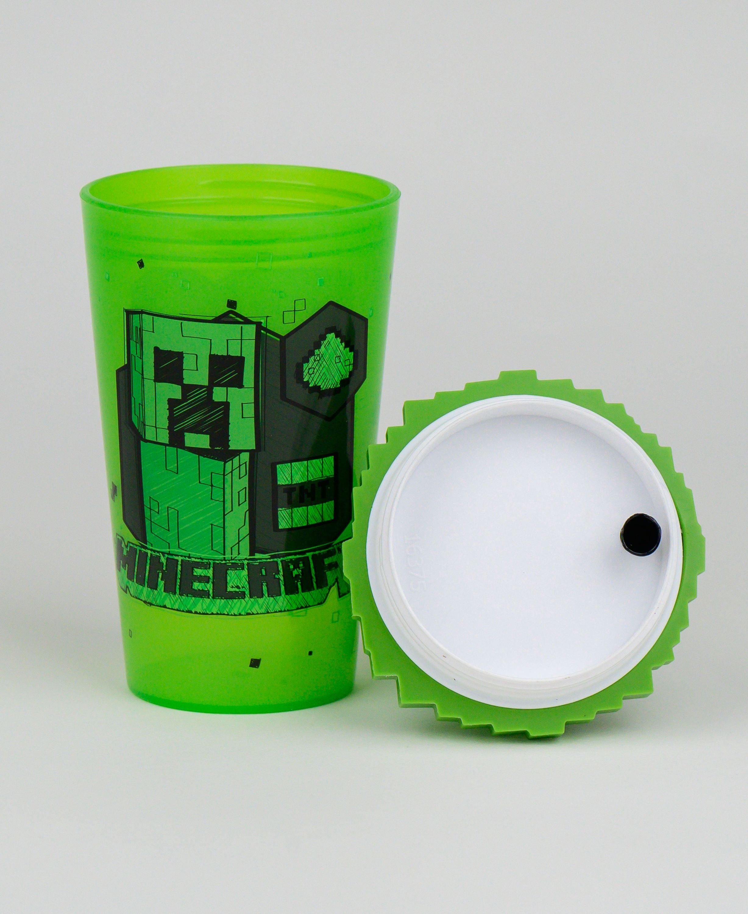 Minecraft Kinderbecher Creeper, PP, mit 3D Creeper Topper & Trinkhalm 500 ml, Kindertrinkbecher
