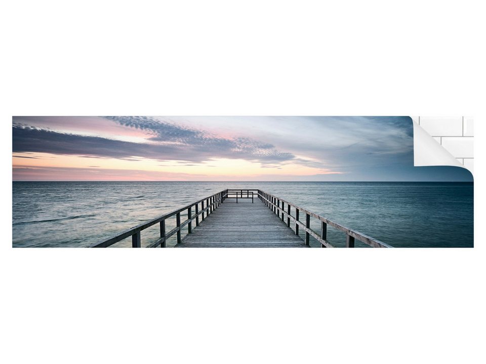 Bilderdepot24 Küchenrückwand Blau Dekor Strand Meer Natur 3d Optik Steg