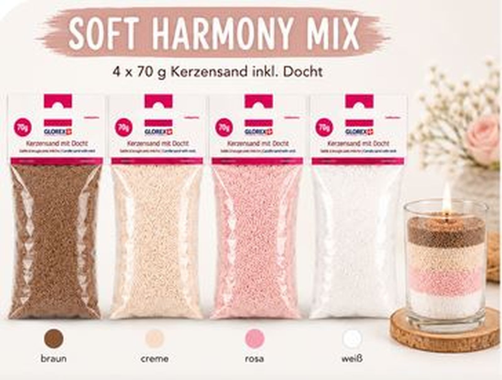Glorex of Switzerland Dekosand Kerzensand Set´s, 4 x 70g inkl. 4 Dochte