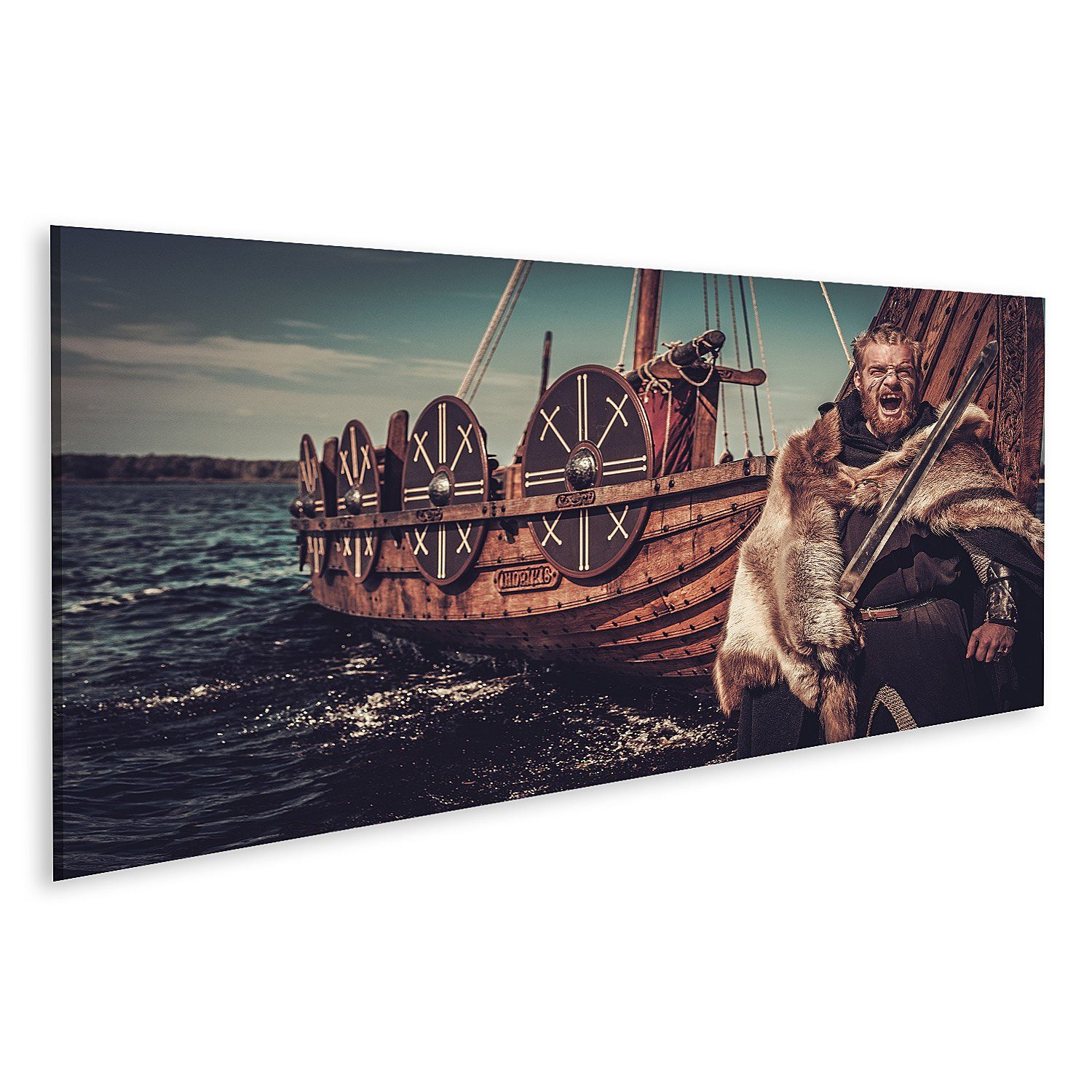 islandburner Leinwandbild Bild auf Leinwand Wikinger-Krieger mit Schwert und Schild in der Nähe