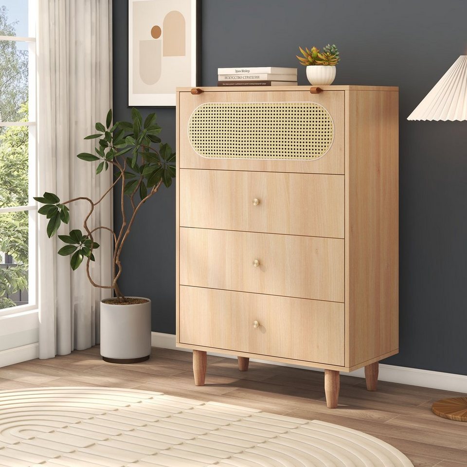 Merax Highboard Mit Rattantür Und 3 Schubladen Sideboard Kommode