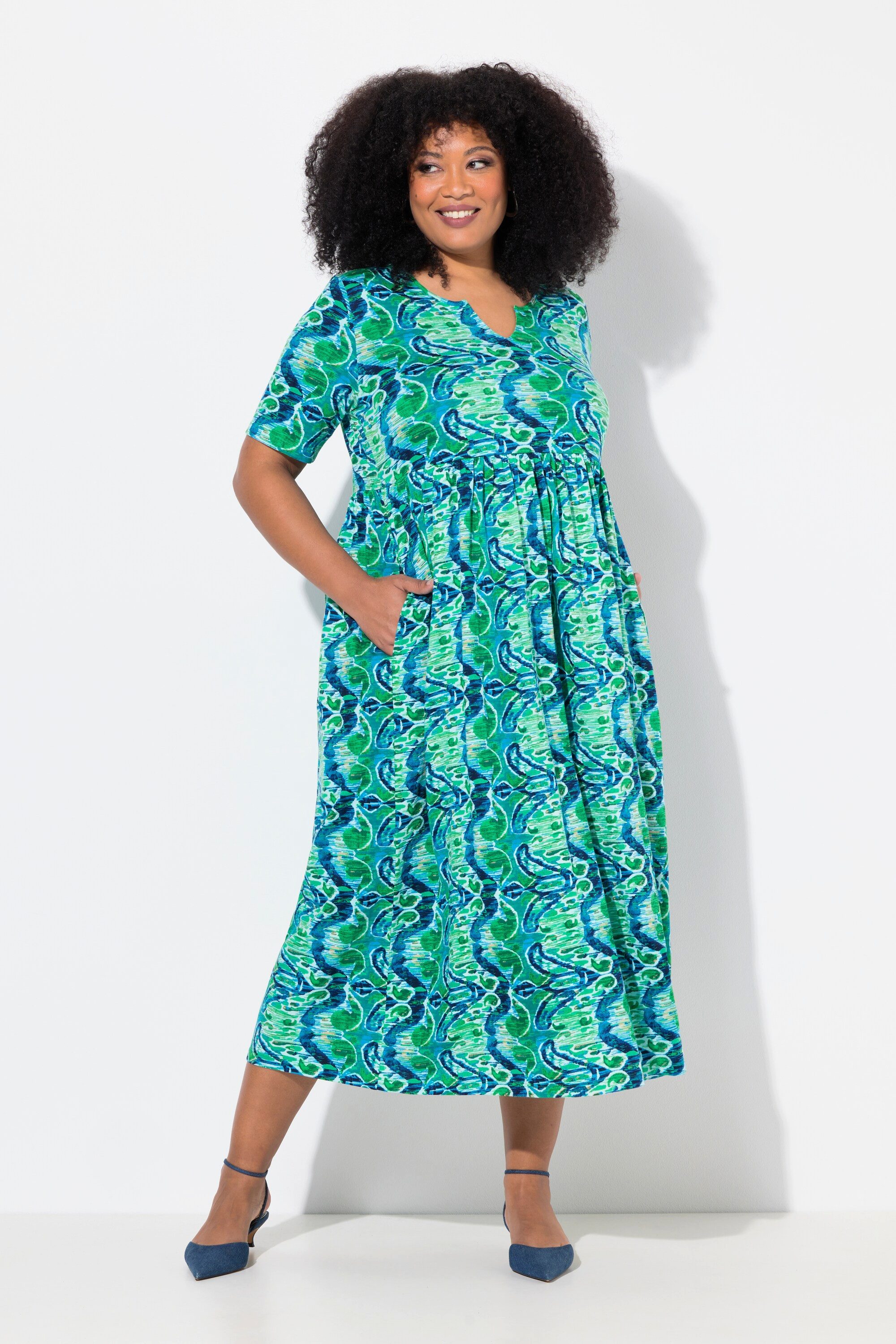 Ulla Popken Maxikleid Maxikleid Zipper A Linie Tunika Ausschnitt Halbarm