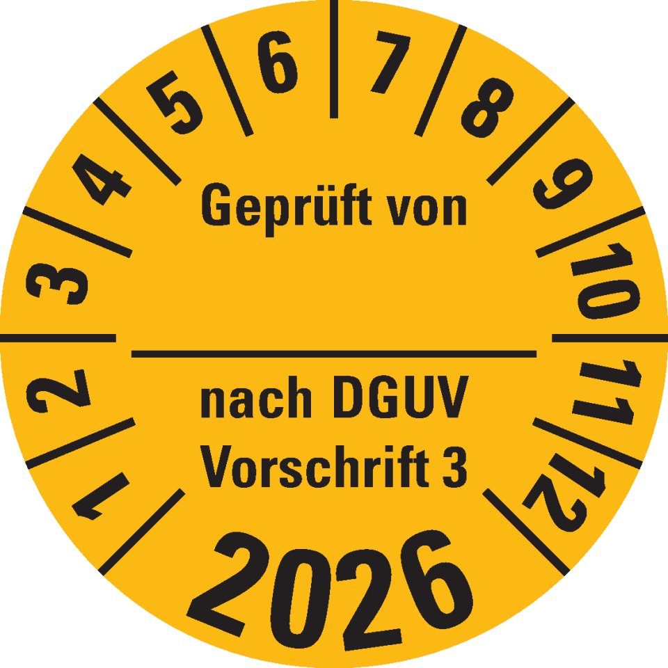 König Werbeanlagen Hinweisschild Prüfplak. Geprüft von nach DGUV 3,2026,gelb,Dokufolie,Ø 30mm ...