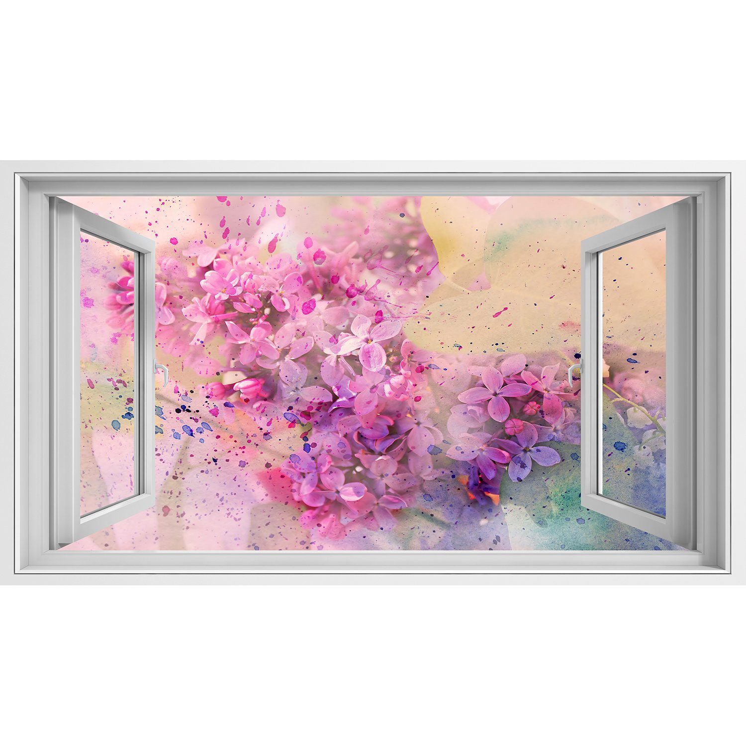 islandburner Leinwandbild »Bild auf Leinwand Fensterblick Flieder Aquarellzweig Sagenhafter ...