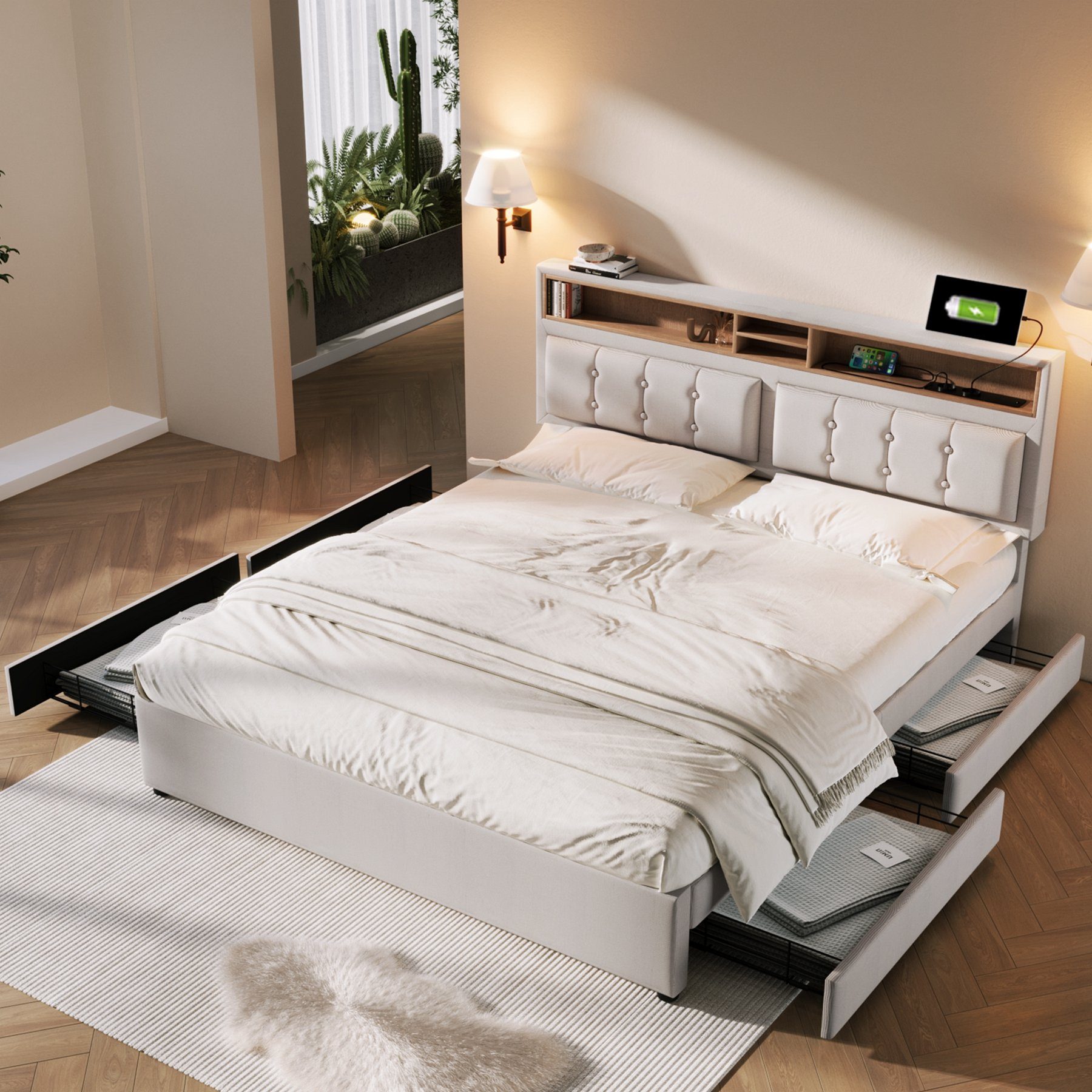 Celya Polsterbett Doppelbett Mit 4 Schubladenand Usb C Steckdose