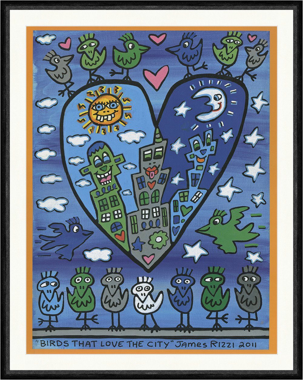 Kunstdruck Birds that love the city Sonne Mond Herz Grün Poster Rizzi Platte 99, (1 St)
