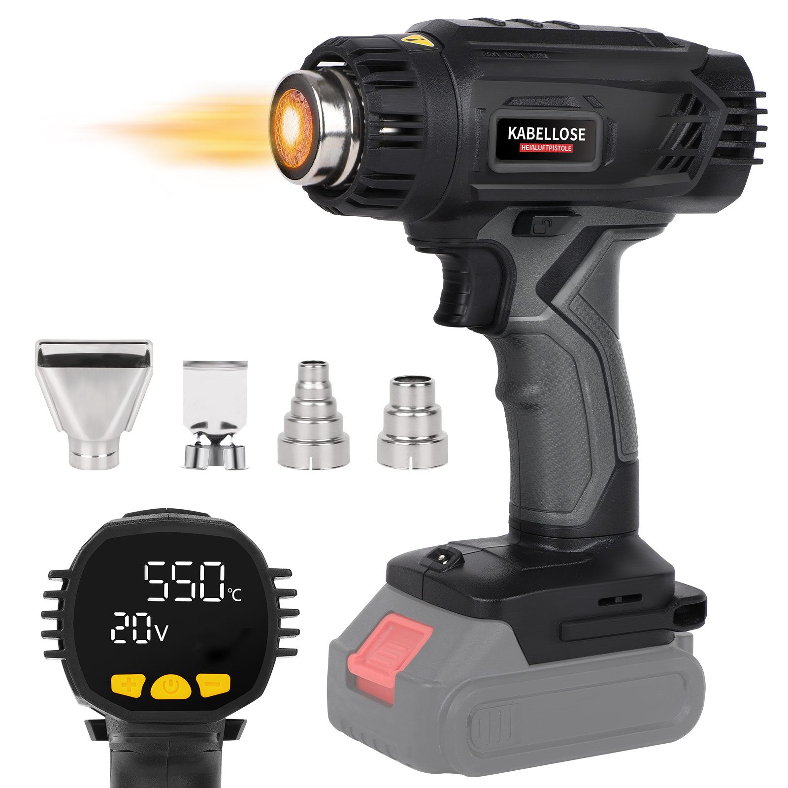 JOYOLEDER Akku-Heißluftgebläse Akku-Heißluftpistole mit LCD-Display, Schnurlose Heißluftgebläse ...