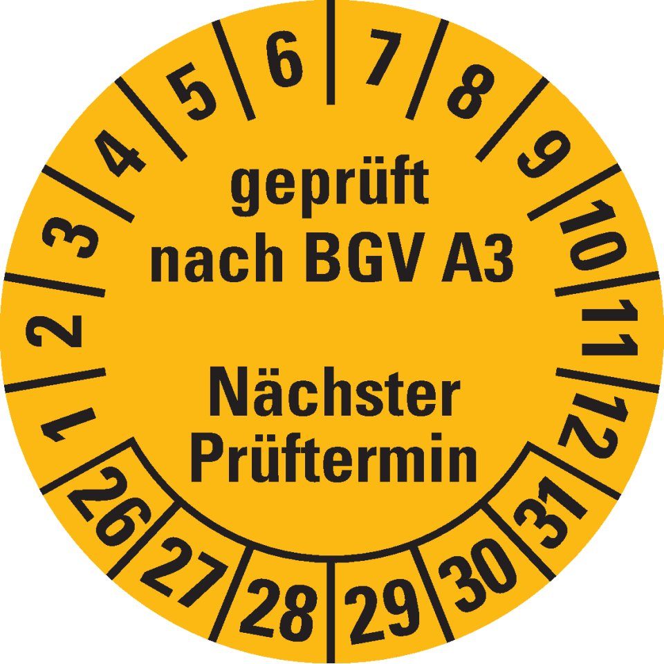 König Werbeanlagen Hinweisschild Prüfplak. geprüft BGV A3 Nä.Prüftermin 26-31,gelb,Dokufolie, 18/Bog