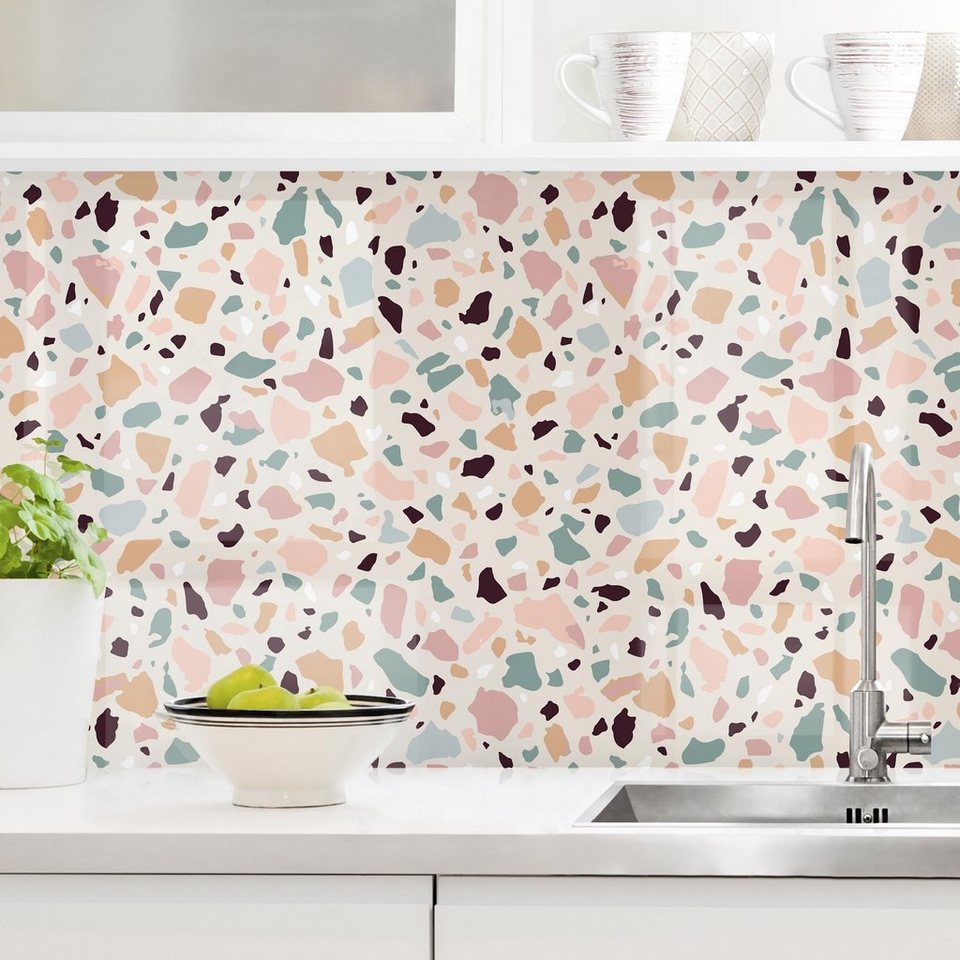 Bilderdepot24 Küchenrückwand Rosa Dekor Muster Steinoptik Terrazzo