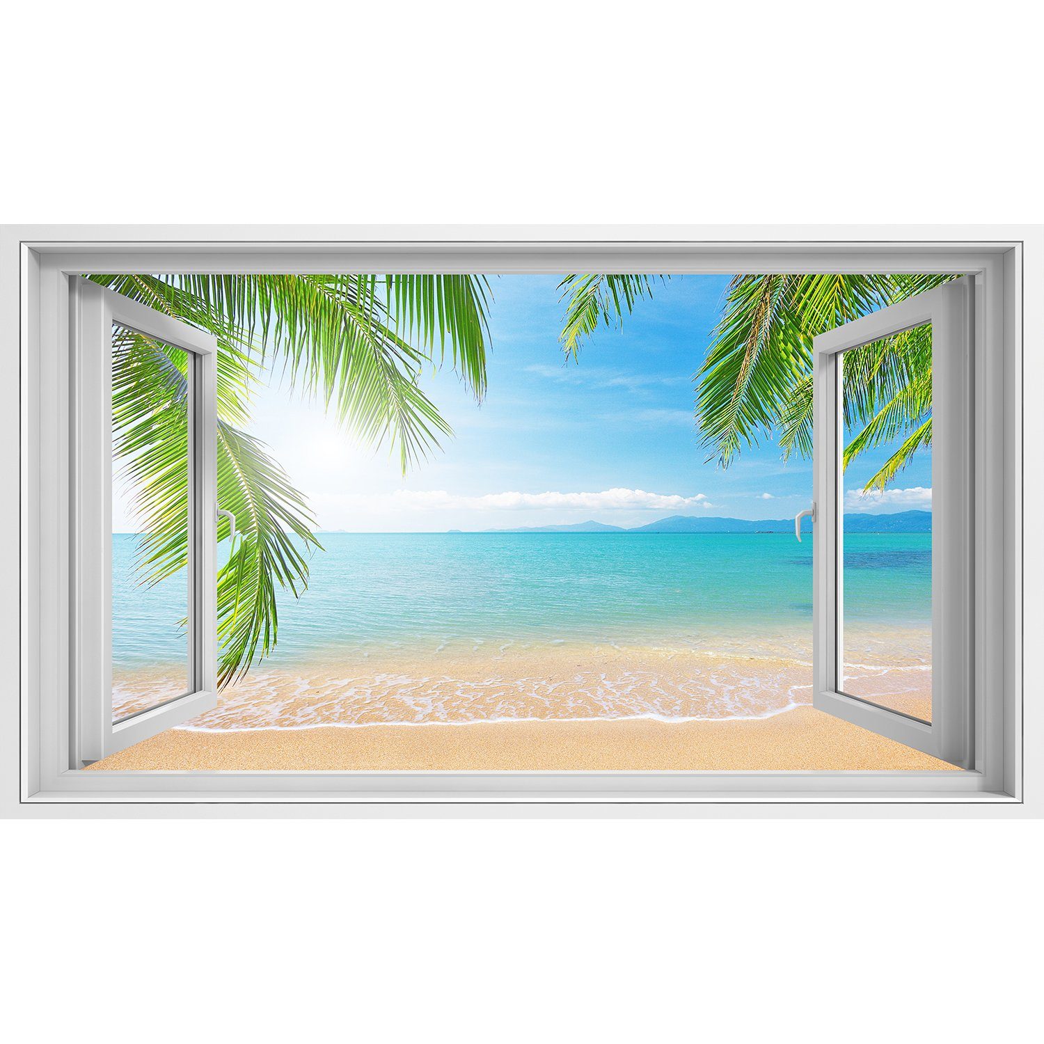 islandburner Leinwandbild Fensterblick Palmen und Tropenstrand Sagenhafter Effekt Wandbild Leinw