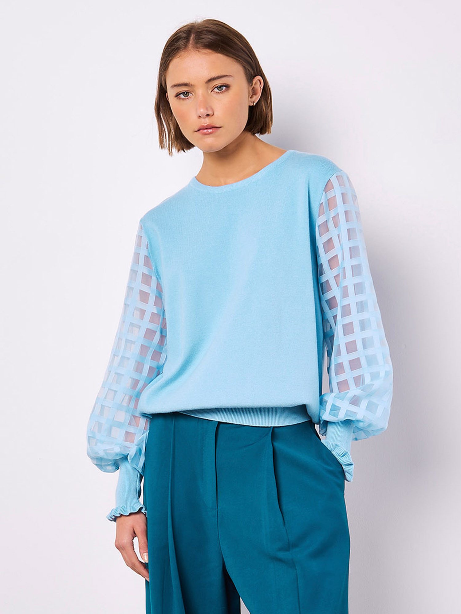 Apricot Strickpullover Eleganter Pullover mit kontrastierenden Organza ...