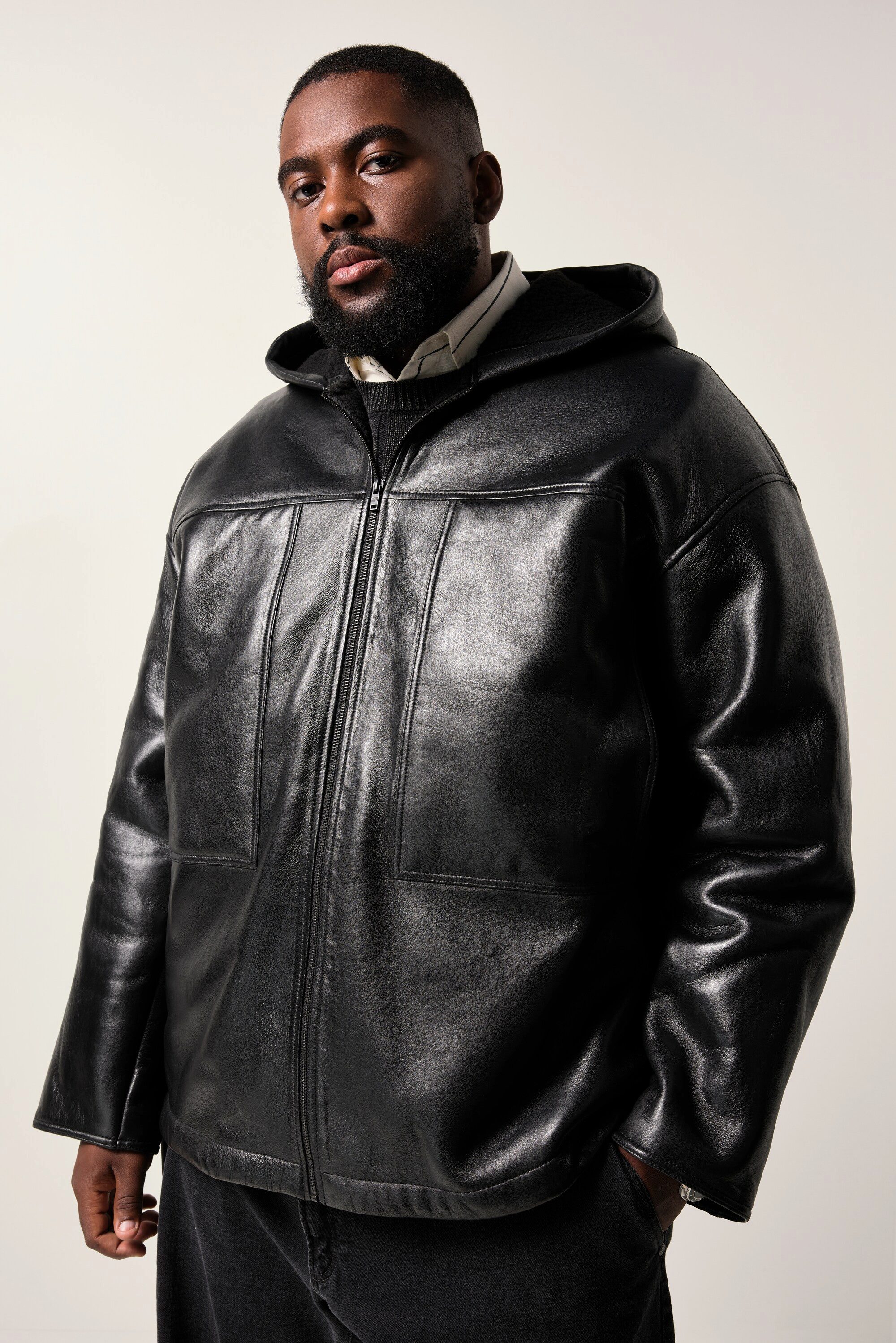 STHUGE Lederjacke Lederjacke Lammnappa-Leder Kapuze Teddyfutter