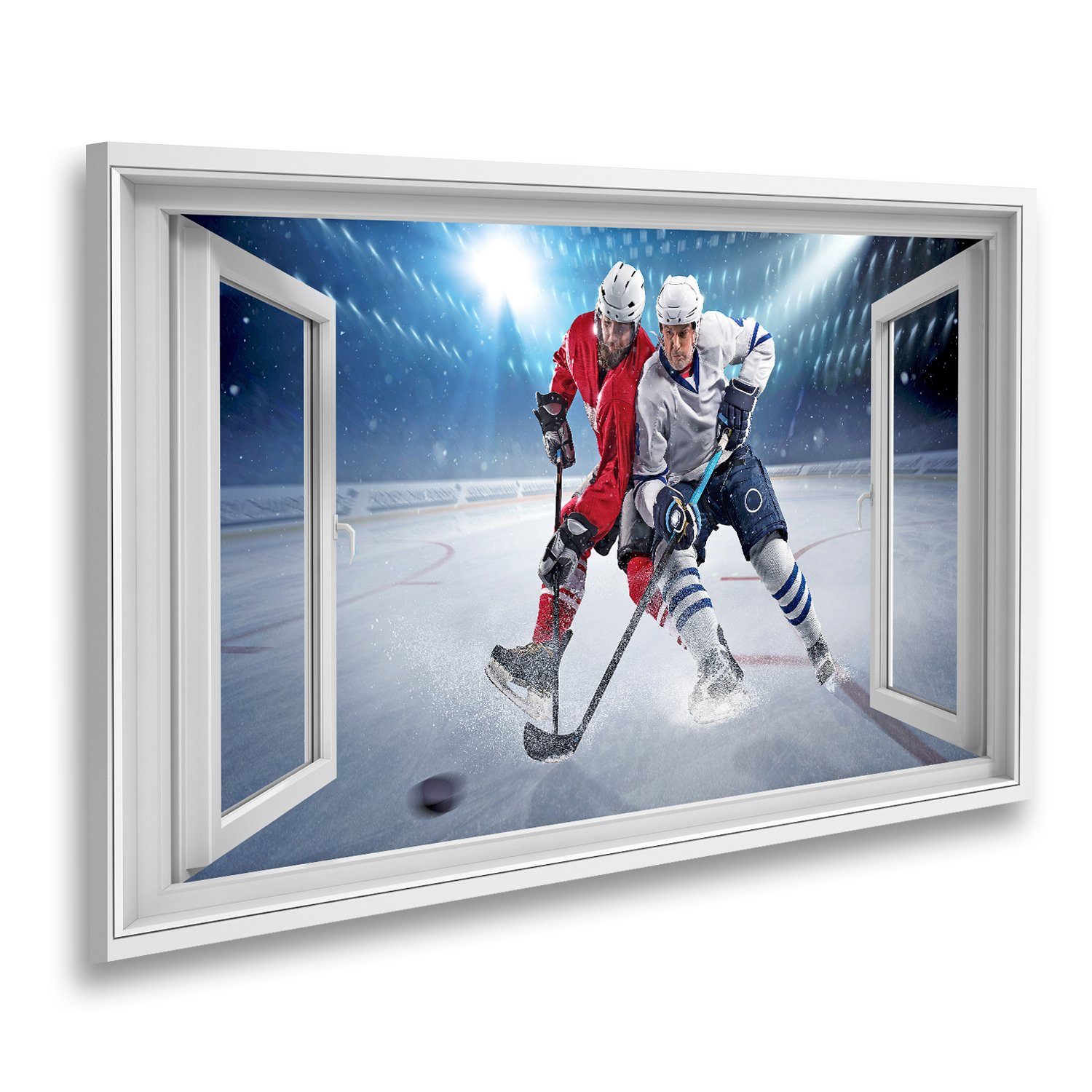 islandburner Leinwandbild Fensterblick Hockeyspieler schiesst den Puck und greift an Sagenhafter