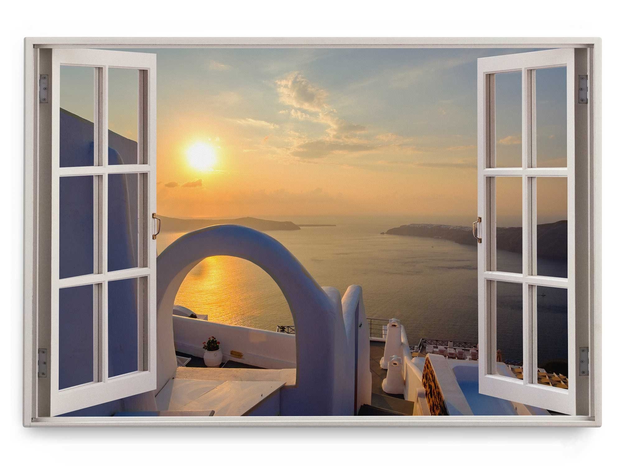 Sinus Art Leinwandbild Wandbild 120x80cm Fensterbild Santorini Griechenland Insel Mittelmeer, (1 ...
