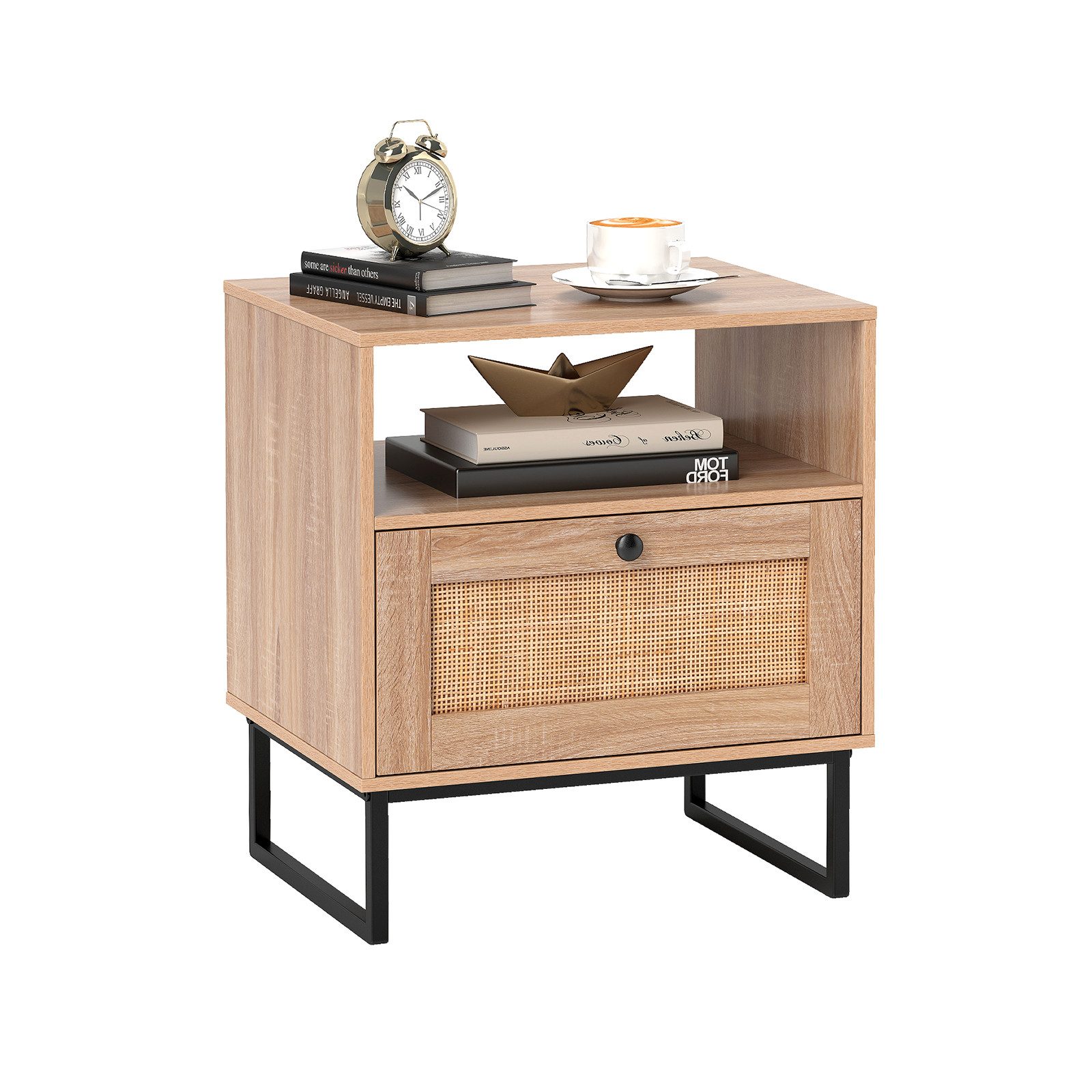 COSTWAY Nachttisch (1-St), Rattan Nachtschrank, mit Schublade und offenem Fach