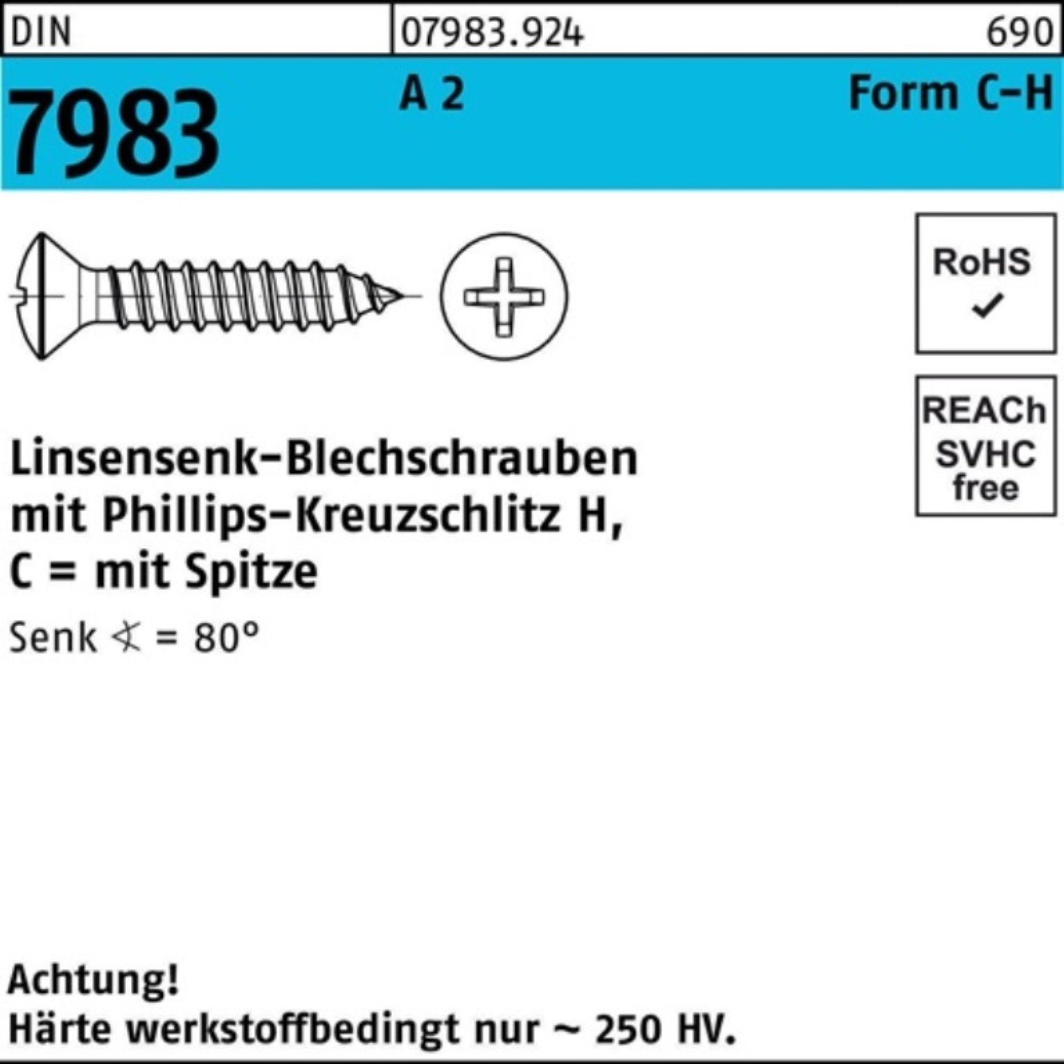 Reyher Schraube 100er Pack Linsensenkblechschraube C 3,9 x 38 -H DIN 7983 m.Kreuzschli, 100er Pack