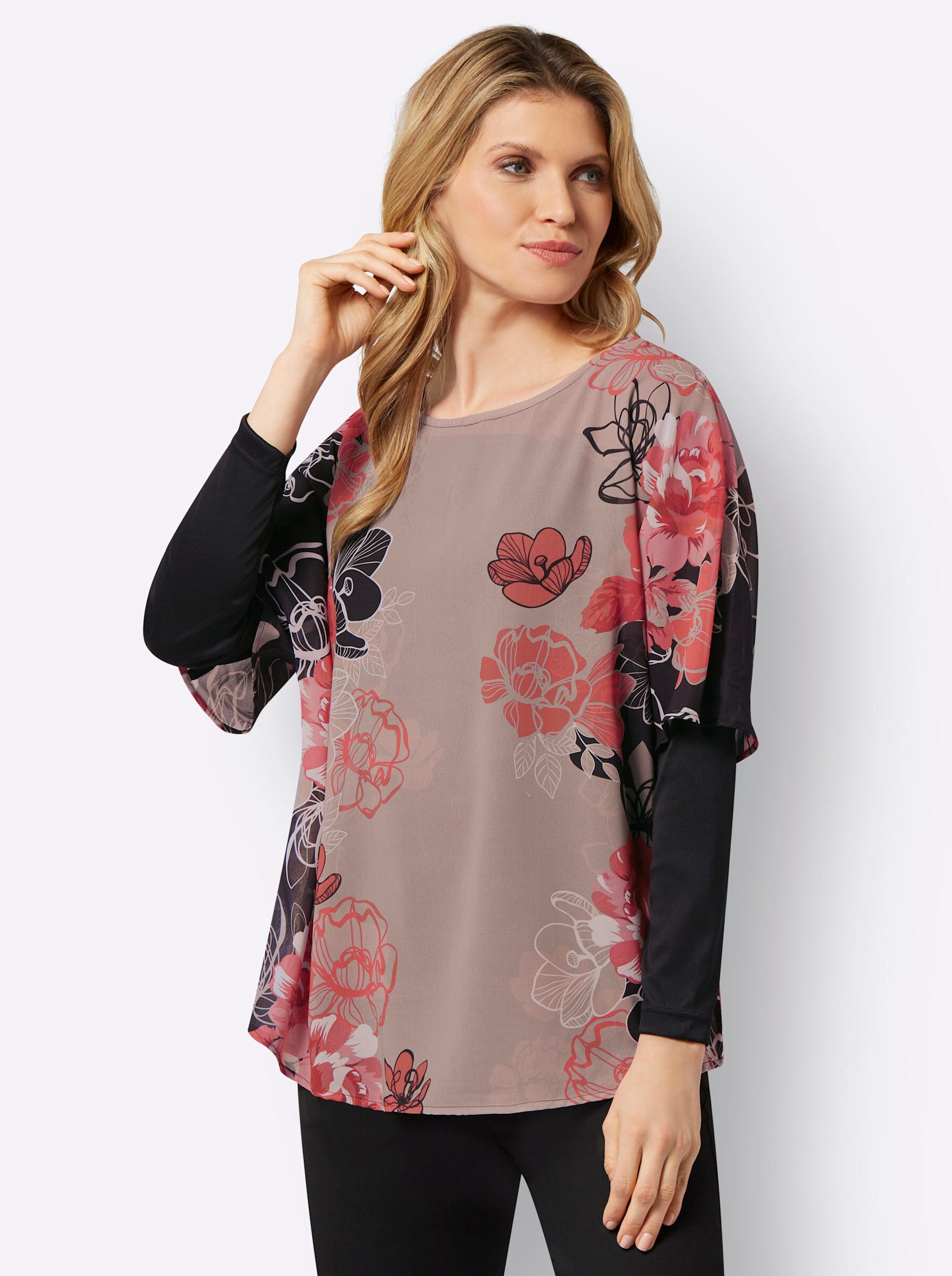 Sieh An Klassische Bluse Georgettebluse Langarmshirt Plus Chiffonüberwurf