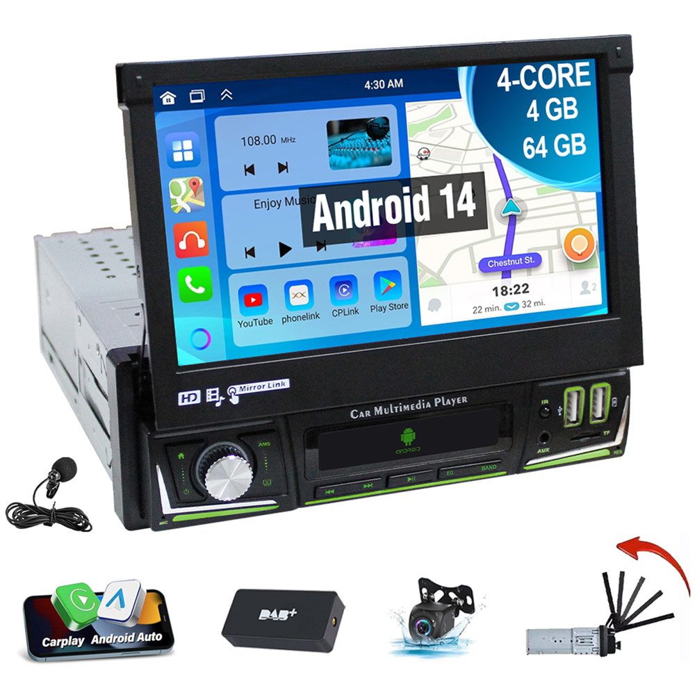 ESSGOO 4+64G 1 DIN 7 Zoll Flip Out Autoradio Android 14 Carplay Autoradio (Digitalradio (DAB ...