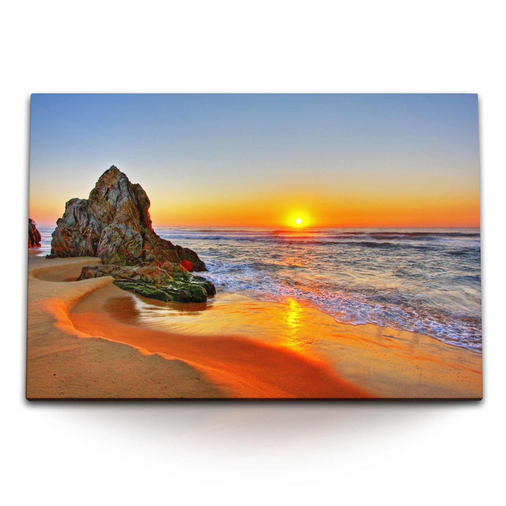 Sinus Art Leinwandbild 120x80cm Wandbild auf Leinwand Sonnenuntergang Meer Strand Fels Horizo ...