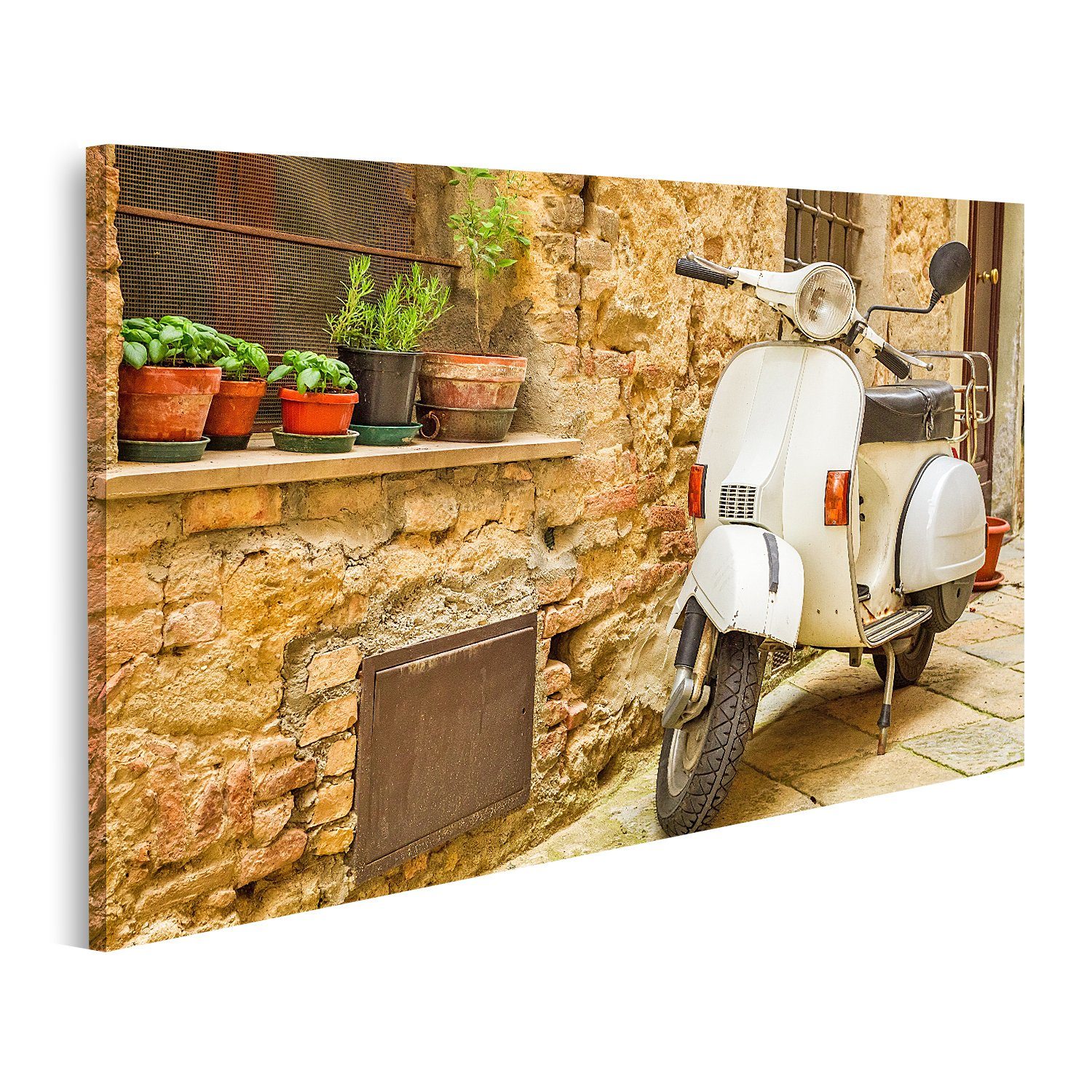 islandburner Leinwandbild Bild auf Leinwand Vintage-Szene mit Vespa auf alter Straße Wandbild Po