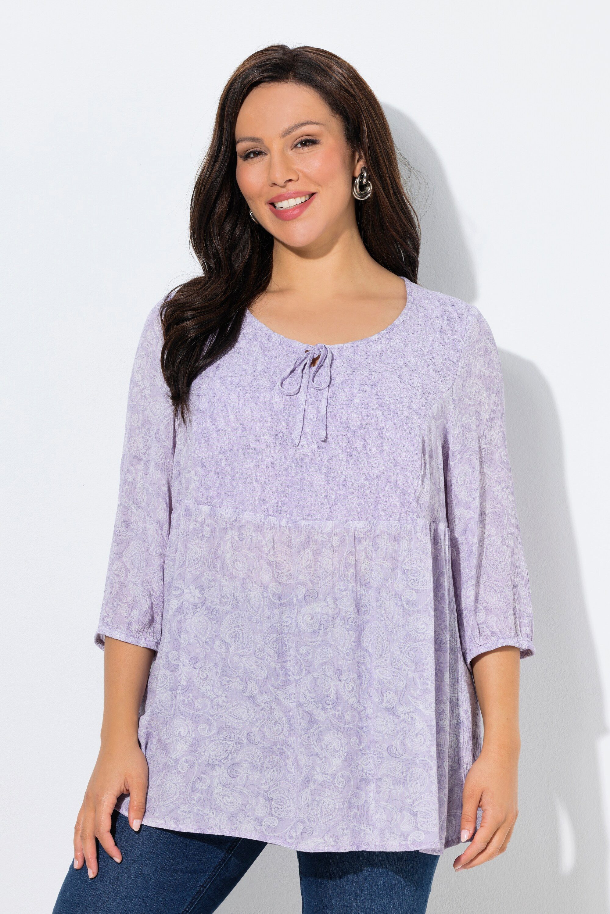 Ulla Popken Longbluse Smokbluse Bluse Rundhals 3/4-Arm Rückenfalte