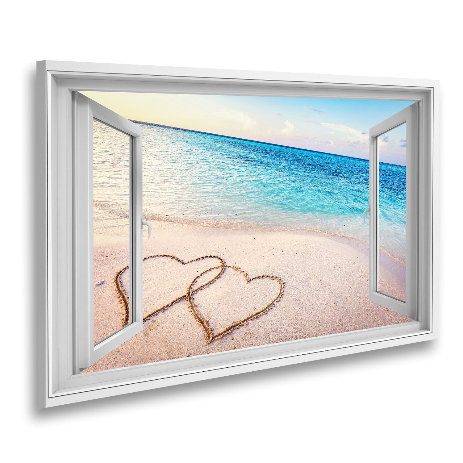 islandburner Leinwandbild Fensterblick Zwei Herzen auf Sand eines tropischen Strandes bei Sonnen