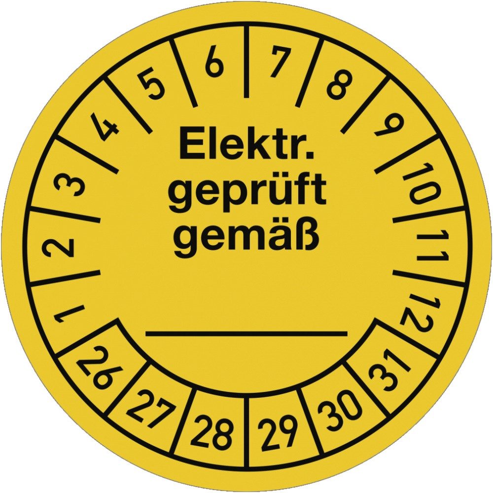 Dreifke Hinweisschild Prüfplakette Elektr. geprüft gemäß 2026-2031, Dokumentenfolie,Ø 30 mm ...
