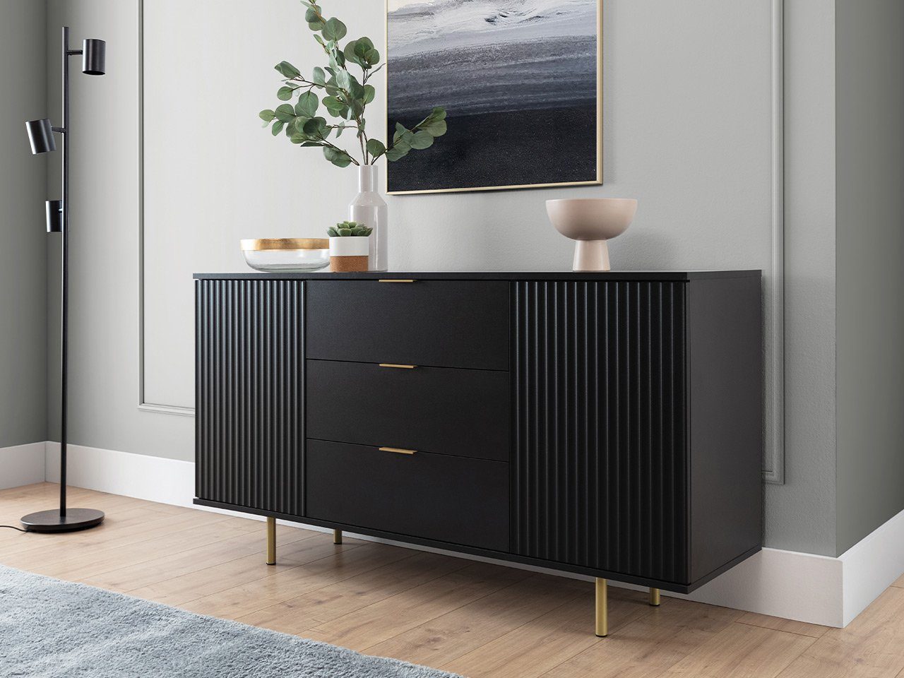 Mirjan24 Kommode Nubia K2D3SZ (mit zwei Drehtüren und drei Schubladen), 150x41x80 cm, Metallfüße