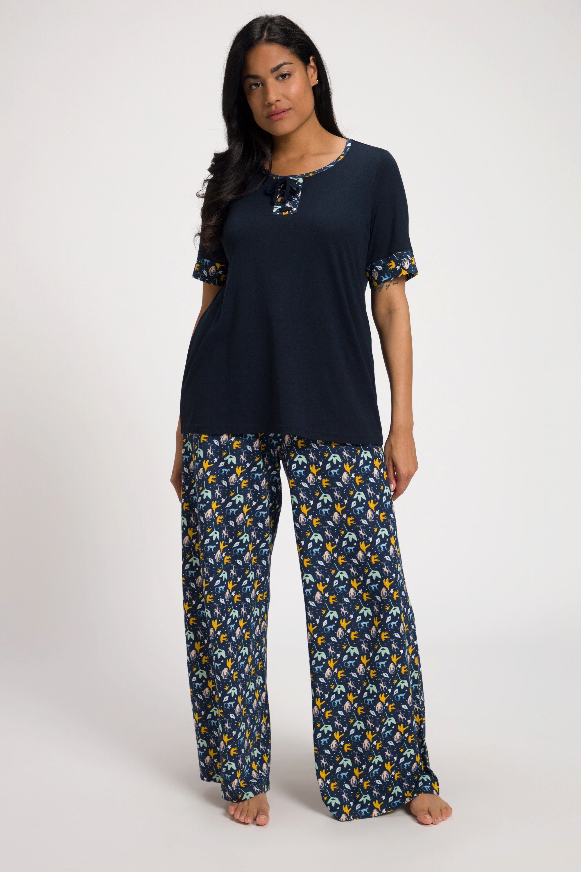 Ulla Popken Pyjama Pyjama Affen Tunika Ausschnitt Halbarm