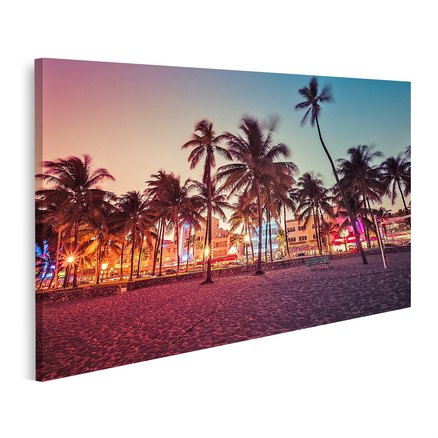 islandburner Leinwandbild Bild auf Leinwand Ocean Drive Straße mit beleuchteten Gebäuden South B