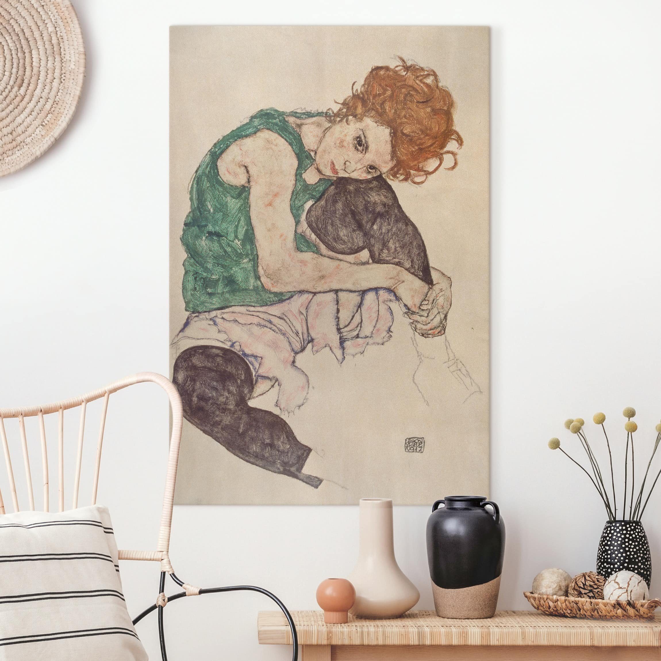 Bilderdepot24 Leinwandbild Kunstdruck Egon Schiele Sitzende Frau grün Bild auf Leinwand Groß XX ...