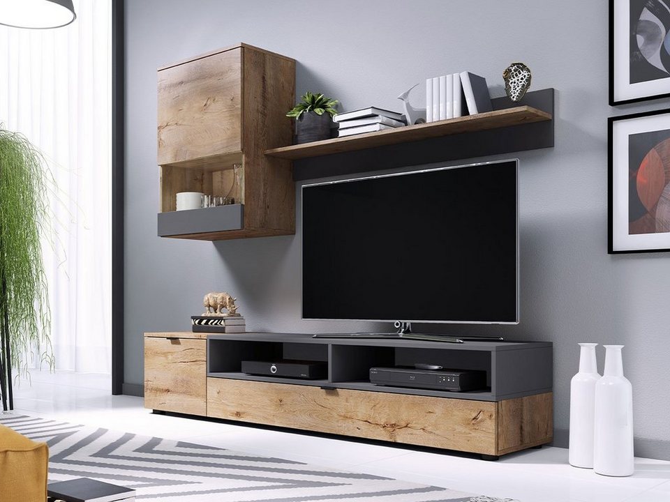 Mirjan24 Wohnwand Pat 3er Set Tv Lowboard Vitrine Wandregal