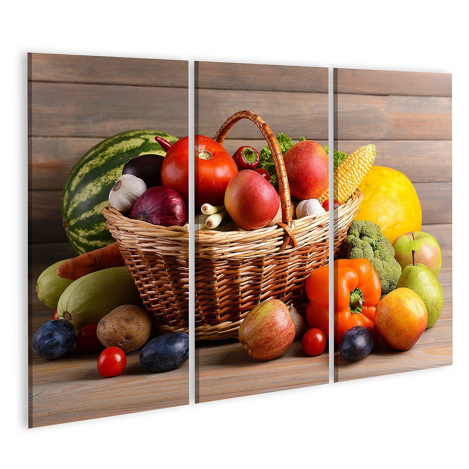 islandburner Leinwandbild Bild auf Leinwand Frisches Bio Obst Und Gemüse Auf Holzuntergrund Wan