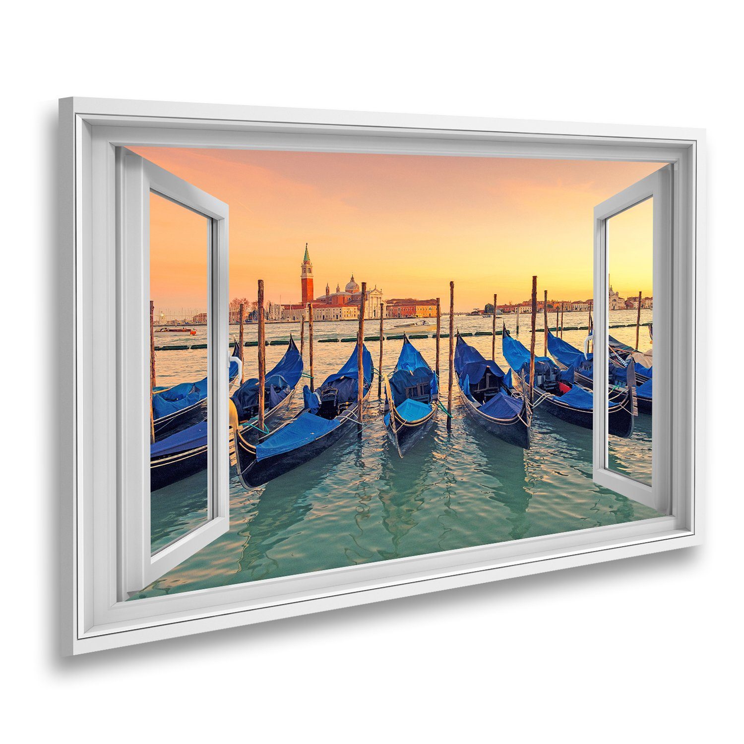ᐅ islandburner Leinwandbild Fensterblick Sonnenuntergang in Venedig Gondeln auf dem Markusplatz ...