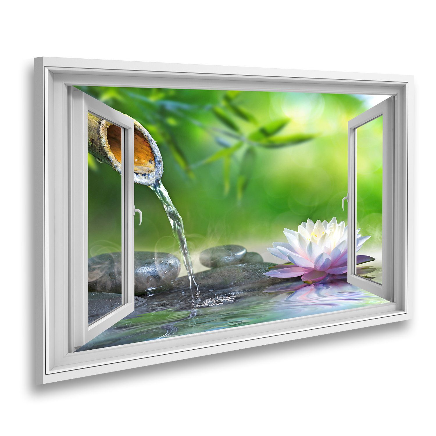 islandburner Leinwandbild Fensterblick Zen Garten mit Massagesteinen und Seerose Sagenhafter Eff
