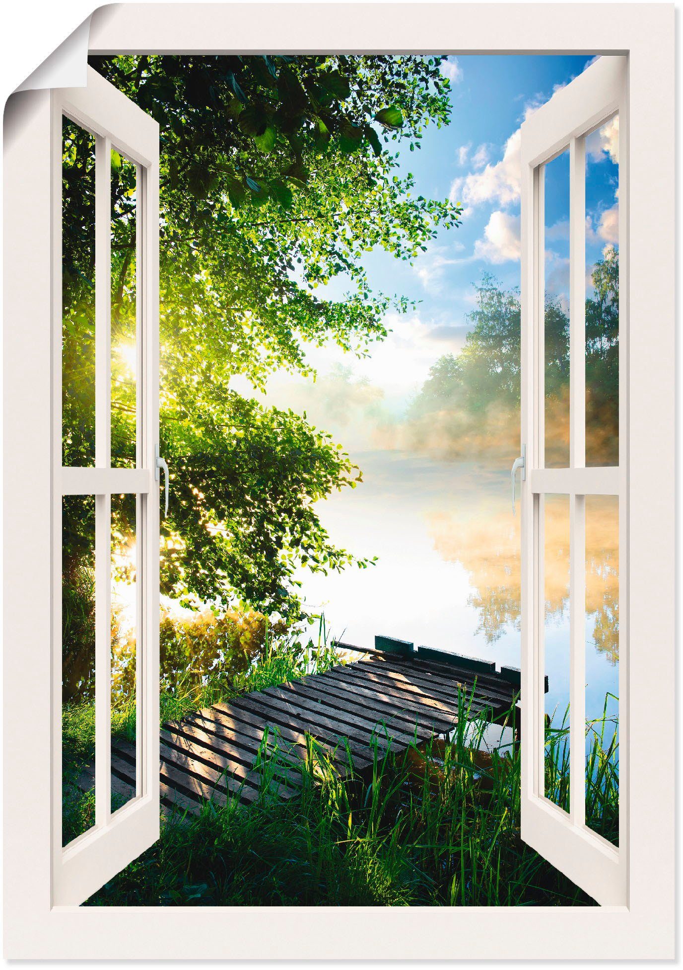 Artland Wandbild Fensterblick Angelsteg am Fluss, Fensterblick (1 St), als Alubild, Outdoorbild ...
